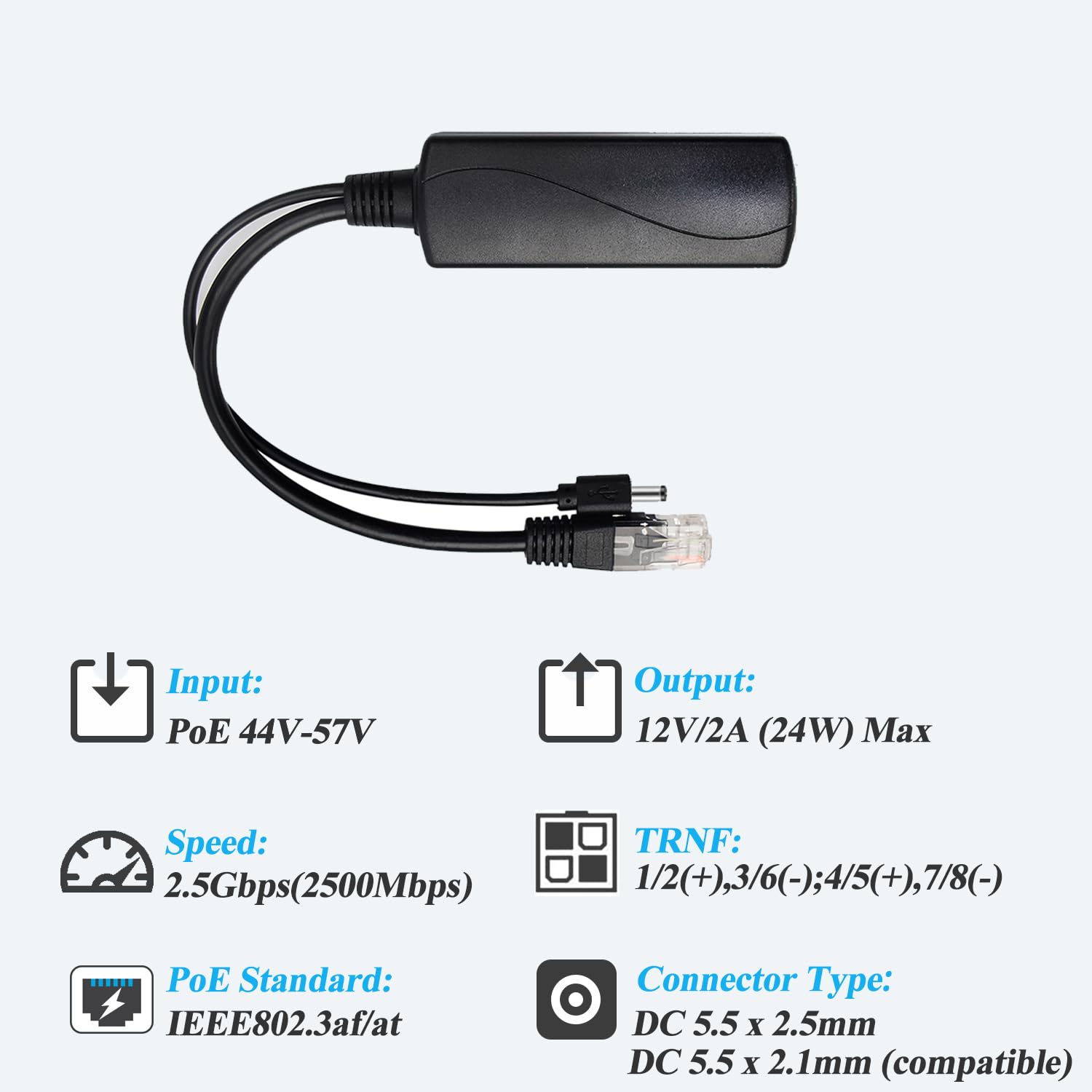 Snapklik.com : 2.5G PoE Splitter 12V/2A, DC 5.5 2.5mm Plug, 48V PoE To ...
