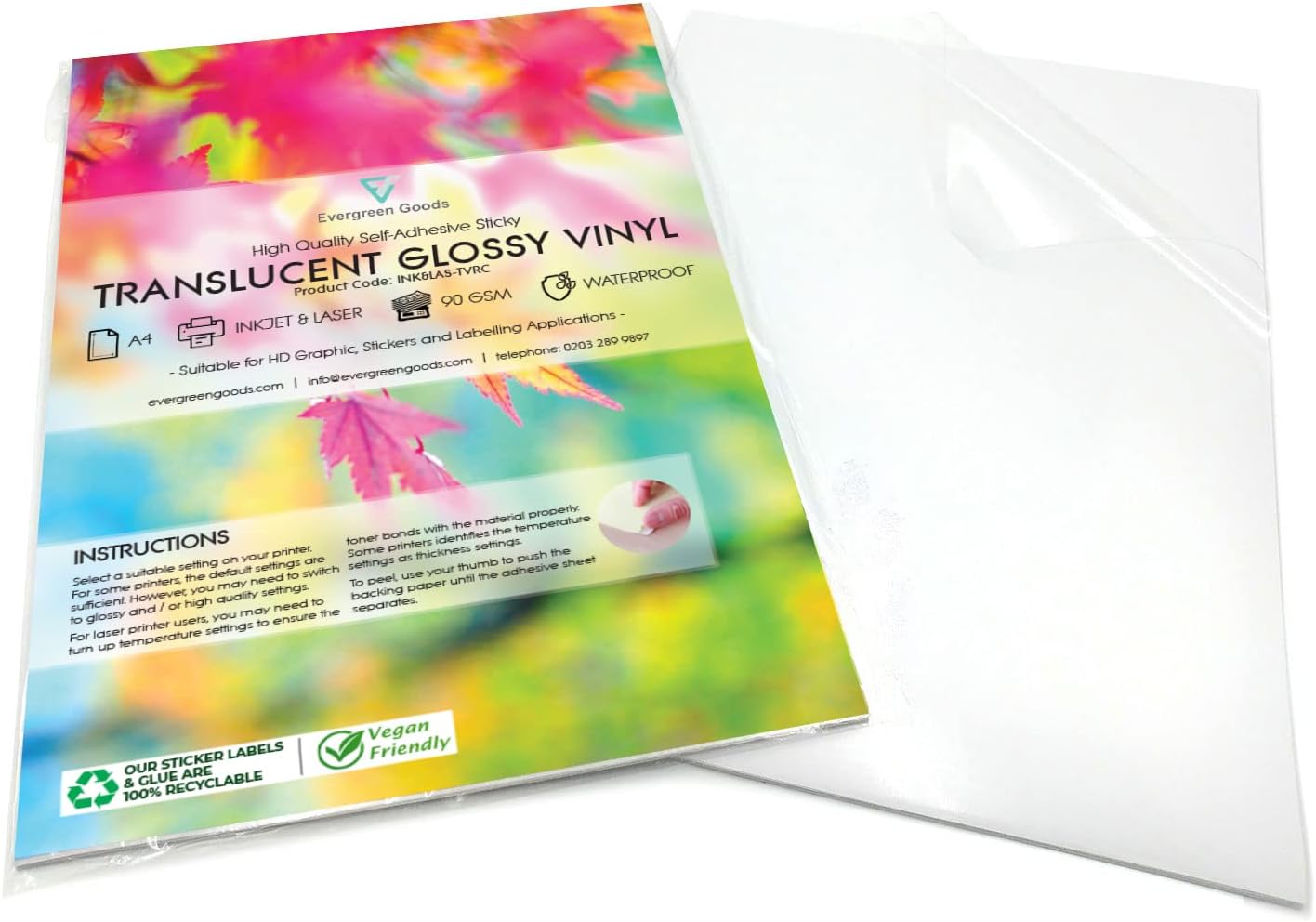 Evergreen Goods 50 Sheets A4 Waterproof Translucent Glossy Vinyl | Inkjet and Laser Printable ...