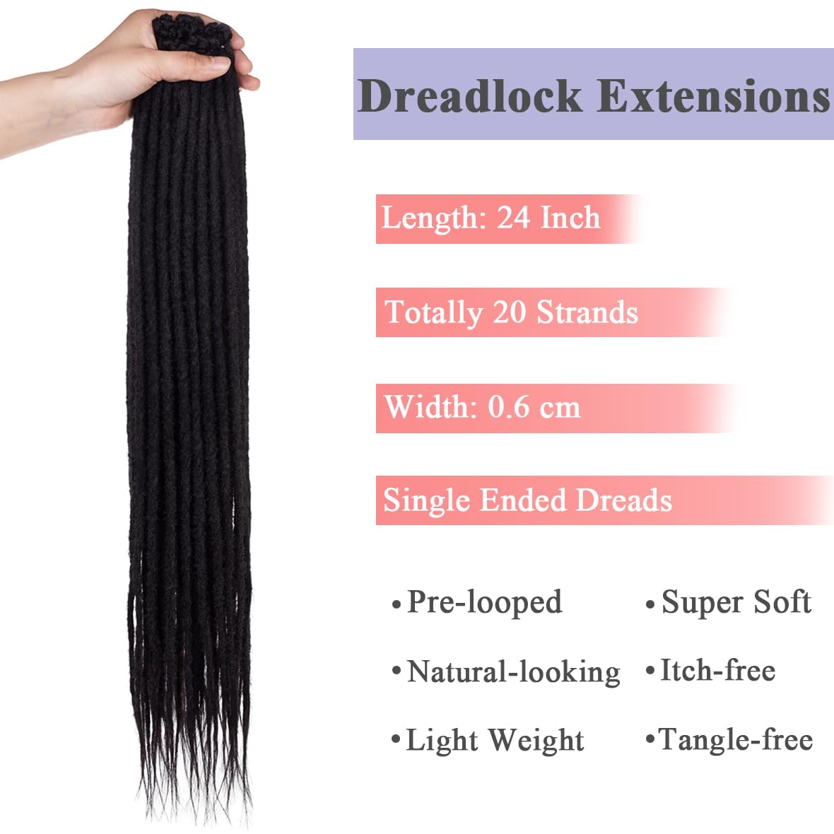 Leeven 24 Inch Black Dreadlock Extensions 20 Strands Soft Reggae Braid ...