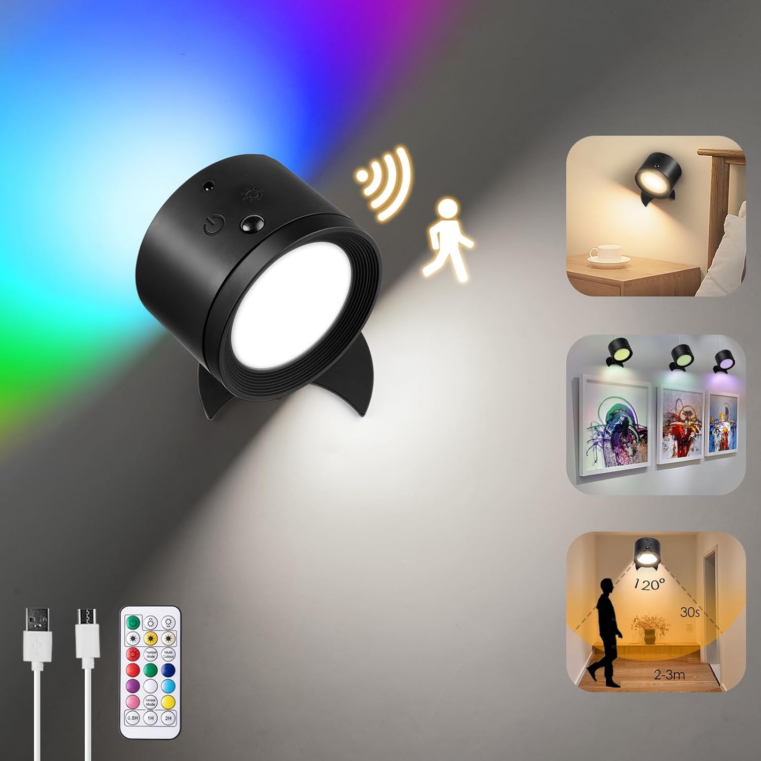 Motion Sensor RGB Battery Operated Wall Sconce with Remote, Cordless ...