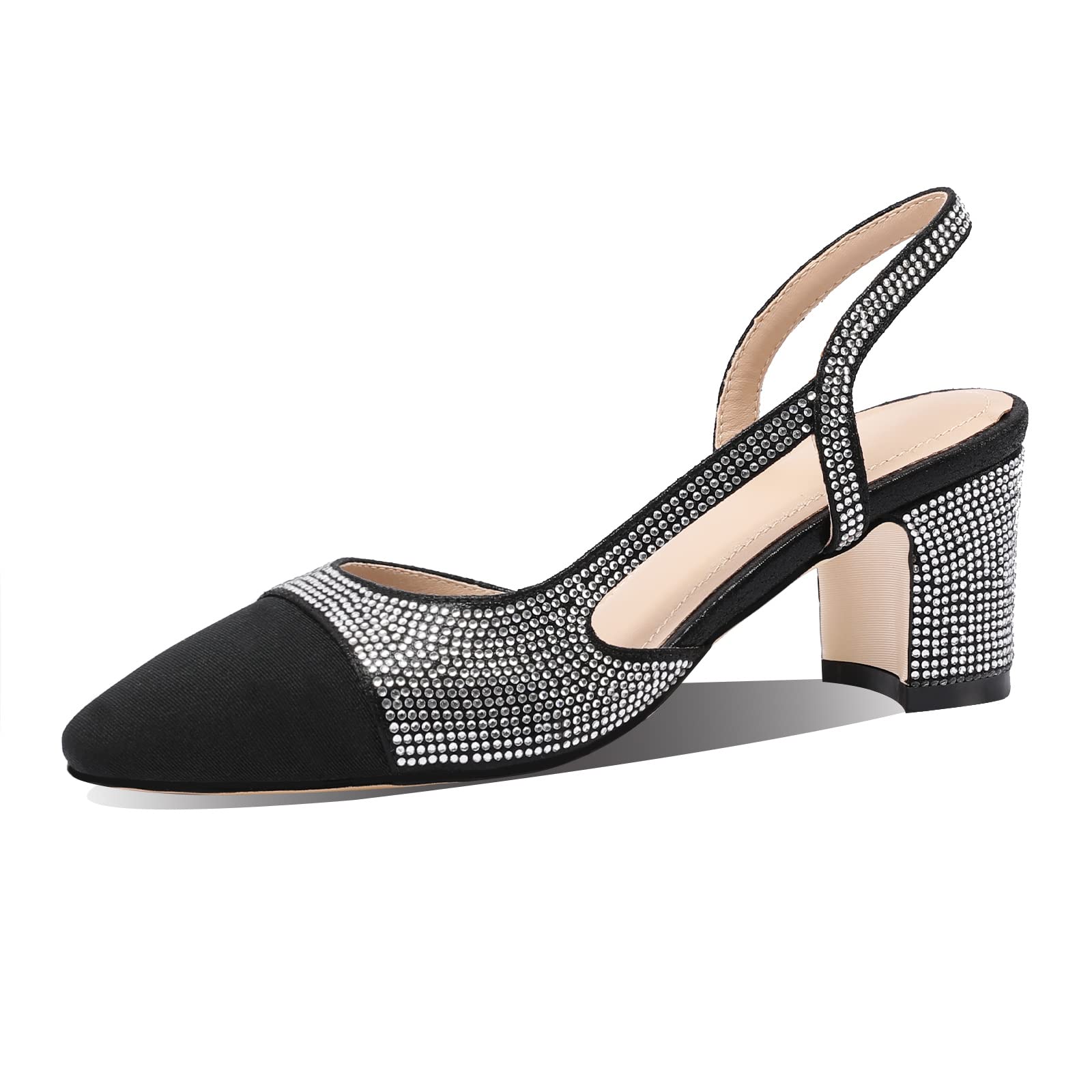 Women's Slingback Pumps Rhinestone Embellished Round Toe Chunky Heel ...