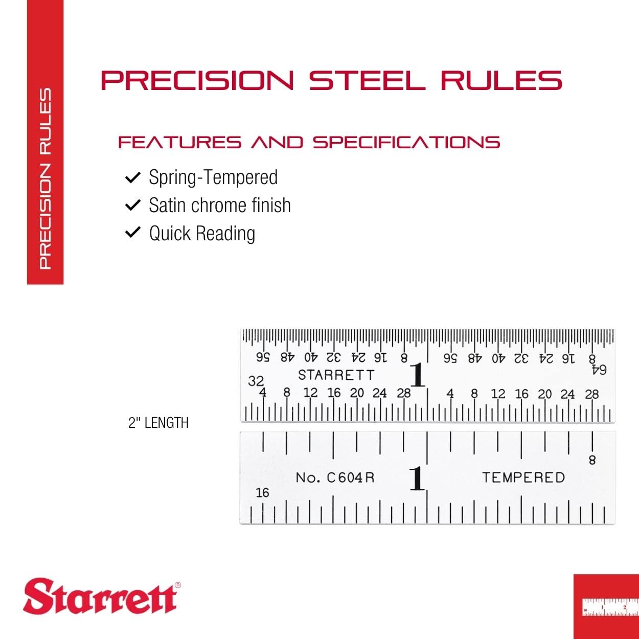 Starrett C604R-2 Spring Tempered Steel Rule With Inch Graduations, 4R ...