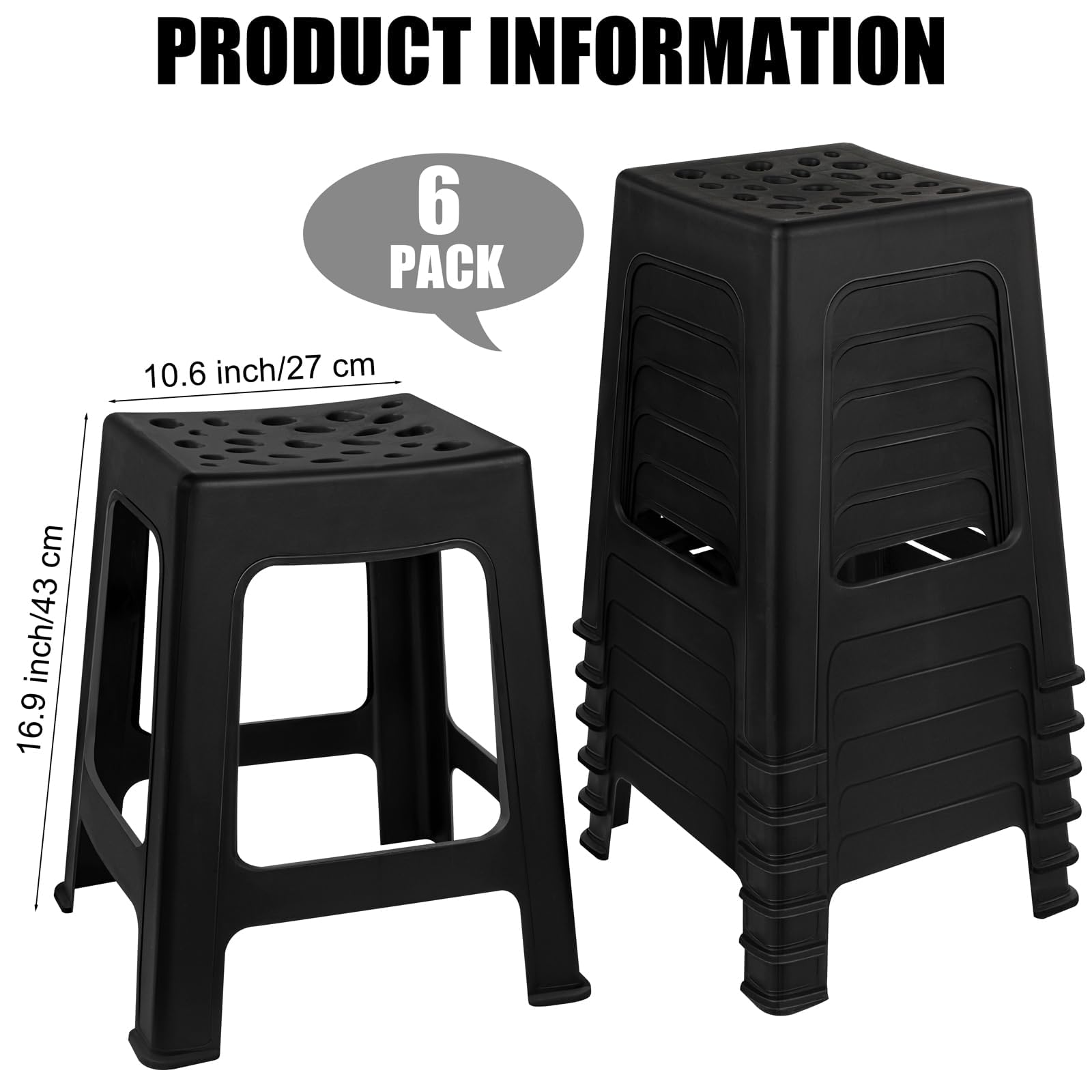 Snapklik.com : 6 Pack Plastic Stools 16.9 Inch Black Nesting Stools Portable Backless Bar Stool ...