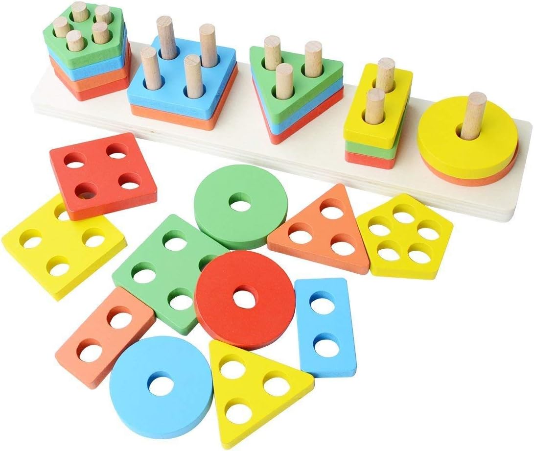 Toyshine Kids Wooden Angle Geometric Blocks Stacker Shape Sorter Column ...