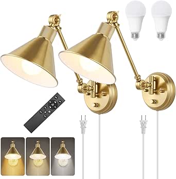 TRLIFE Dimmable Wall Sconce with Remote Control, Brushed Brass Plug in ...