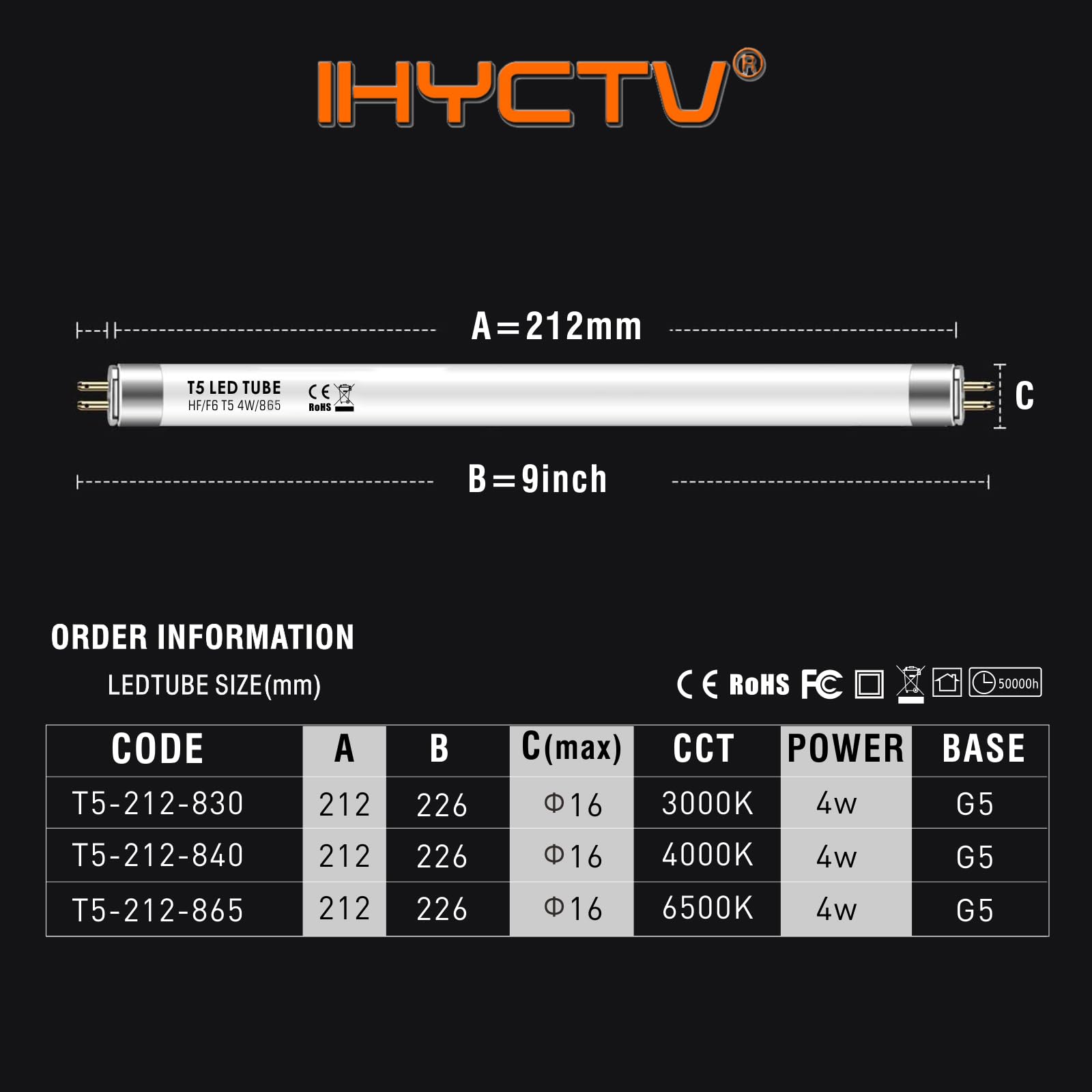 IHYCTV 4W T5 LED Tube 212mm 9 inch 520lm 6500k Daylight, Easy ...
