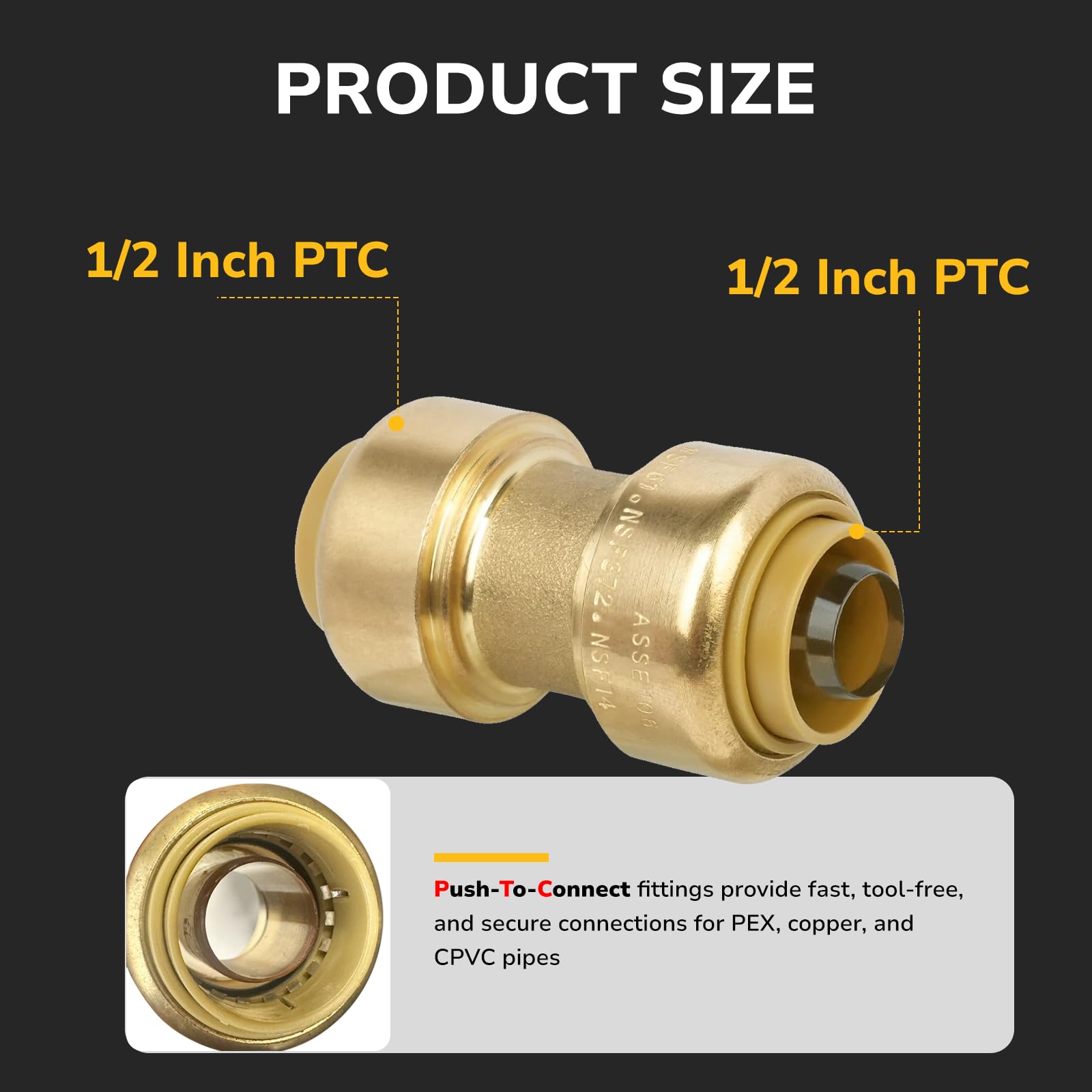 Snapklik.com : JUWO 1/2" Coupling, Push To Connect Brass Plumbing ...