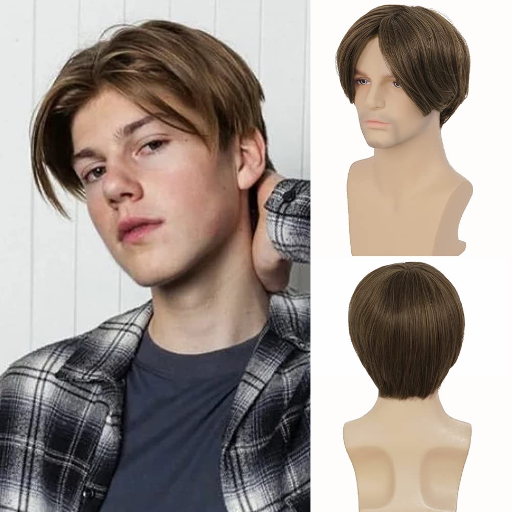Amazon.com : Tseses Brown Short Middle Part Wigs for Men Synthetic Hair ...