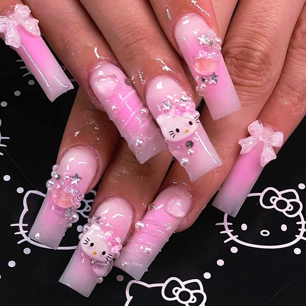 Amazon.com: Mkwntg French Tip Press on Nails Short Square Fake Nails Cute Pink Strawberry Glue ...