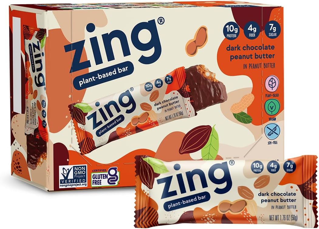 Amazon.com: Zing Dark Chocolate Peanut Butter Vegan Protein Bars ...