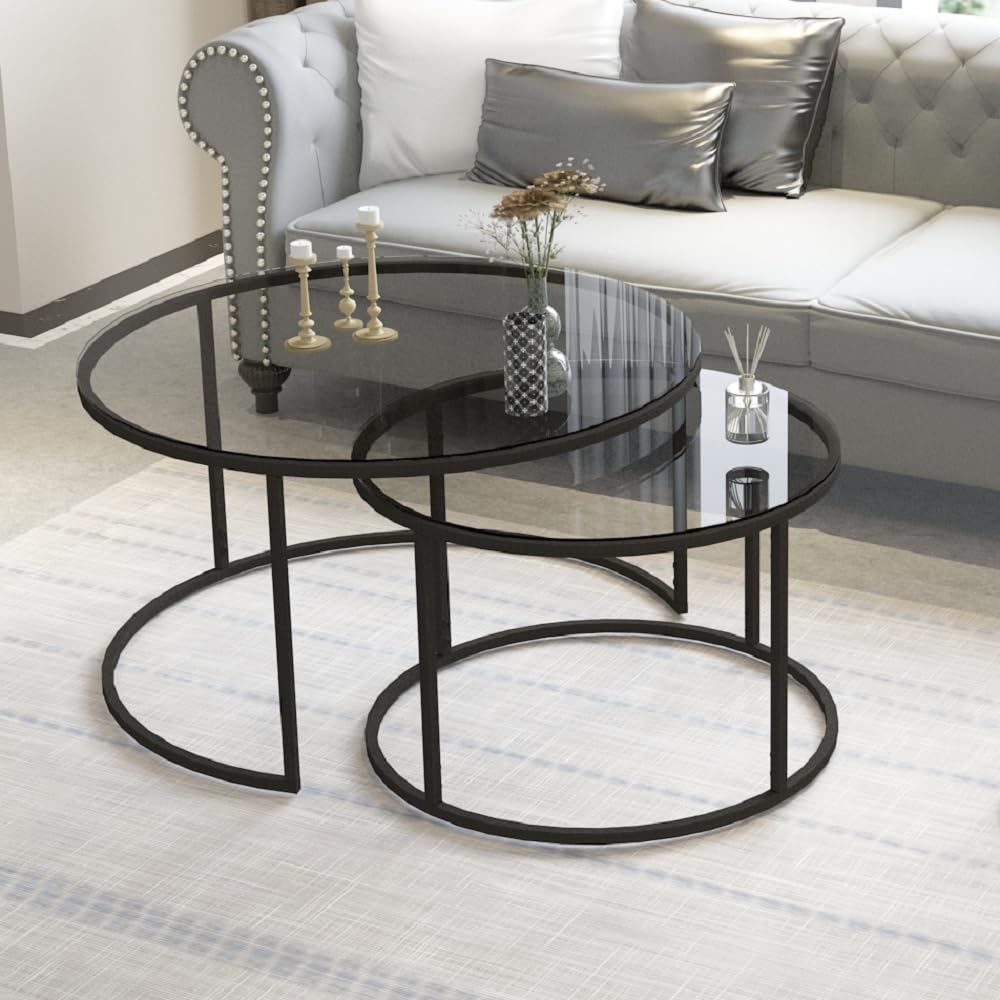 DEKOPRATIK - Tokyo Coffee Table Round Smoked Glass Set of 2-31.5 Inch ...