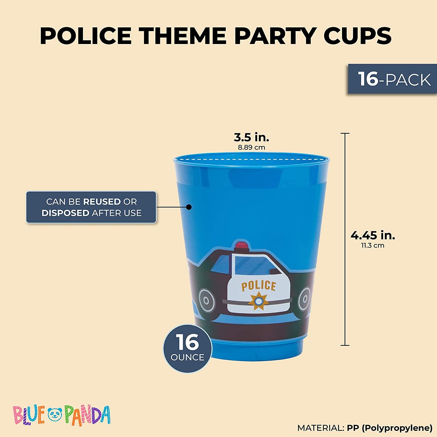 Snapklik.com : BLUE PANDA 16 Pack Plastic Police Cups, Car Party Favors ...