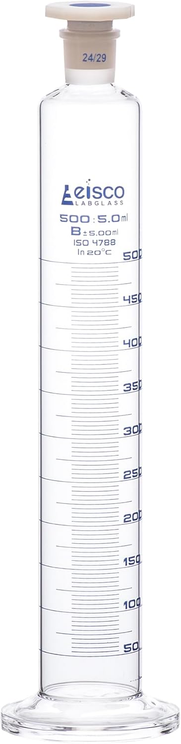 Amazon.com: EISCO Graduated Cylinder, 500mL - Class B - 24/29 Polypropylene Stopper - Round Base ...