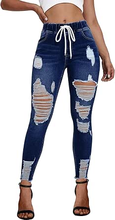 KUNMI Women High Waist Skinny Stretch Ripped Jeans Destroyed Denim Pants Plus Size at Amazon ...