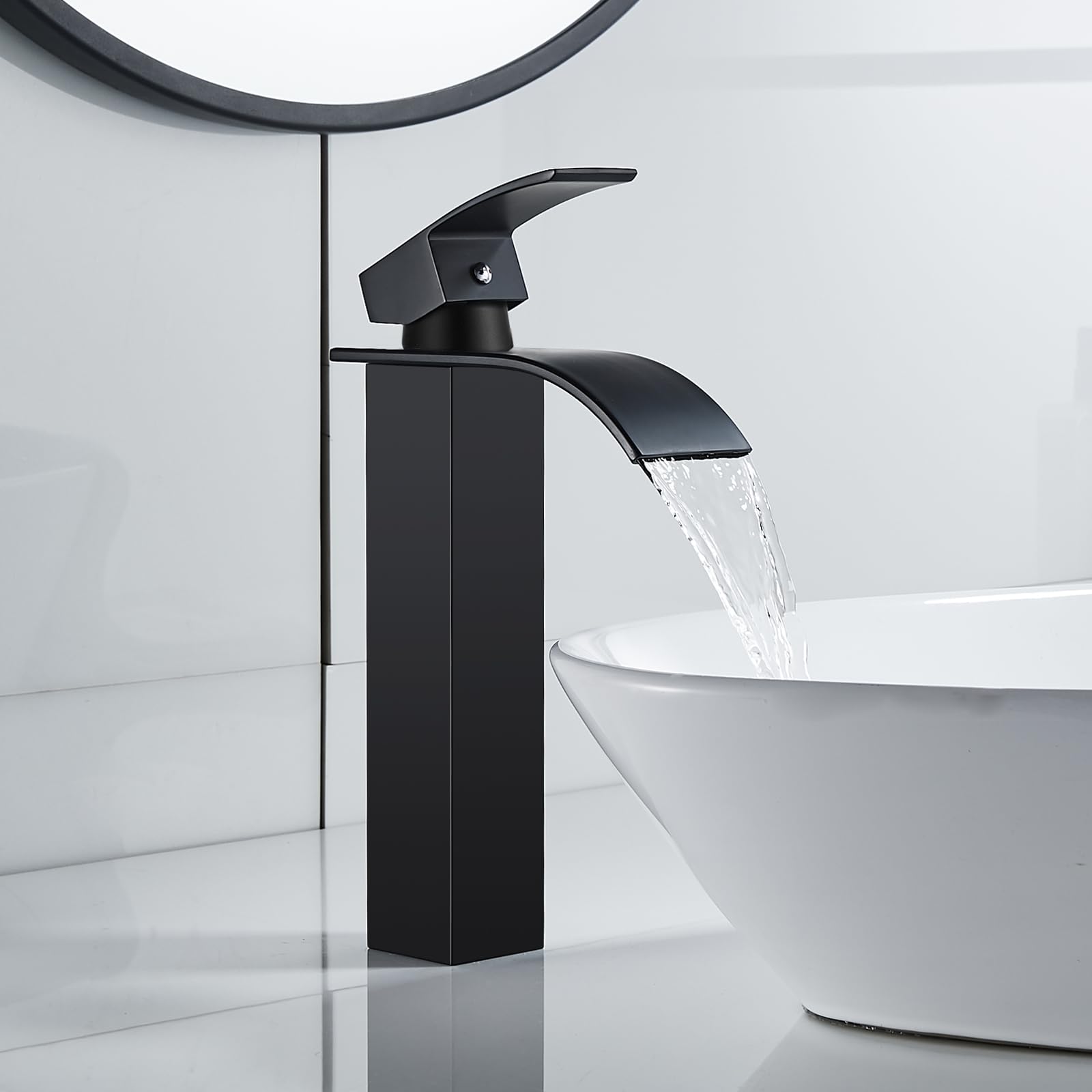 ROVOGO Waterfall High Rise Black Basin Mixer Taps, Square Monobloc ...