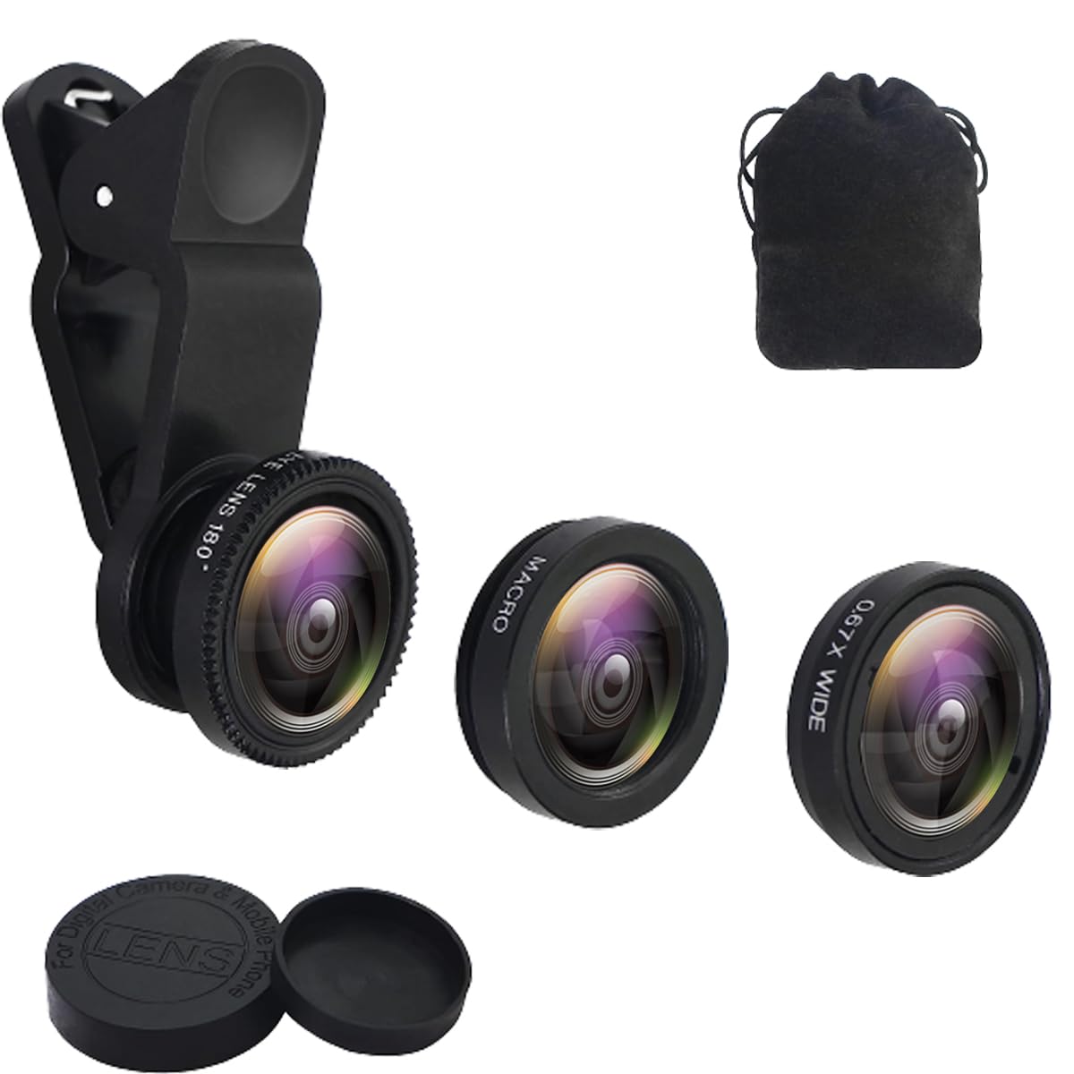 3 in 1 Universal Phone Camera Lens Kit with 180 Degrees Fisheye Len + Super Wide Angle Lens + 0 ...