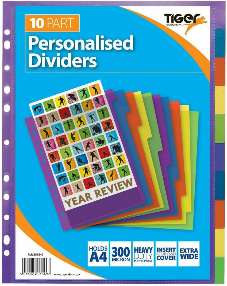 Tiger A4 Extra Wide 10 Part Personalised Polypropylene Dividers ...