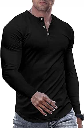 JMIERR Men's Muscle Slim Fit Button Henley Shirts Summer Crewneck Long Sleeve Longline Fitted T ...