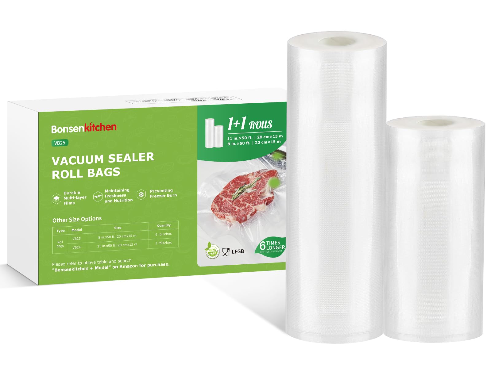 Amazon.com: Bonsenkitchen Vacuum Sealer Bags Rolls, 8in x 50ft & 11in x ...