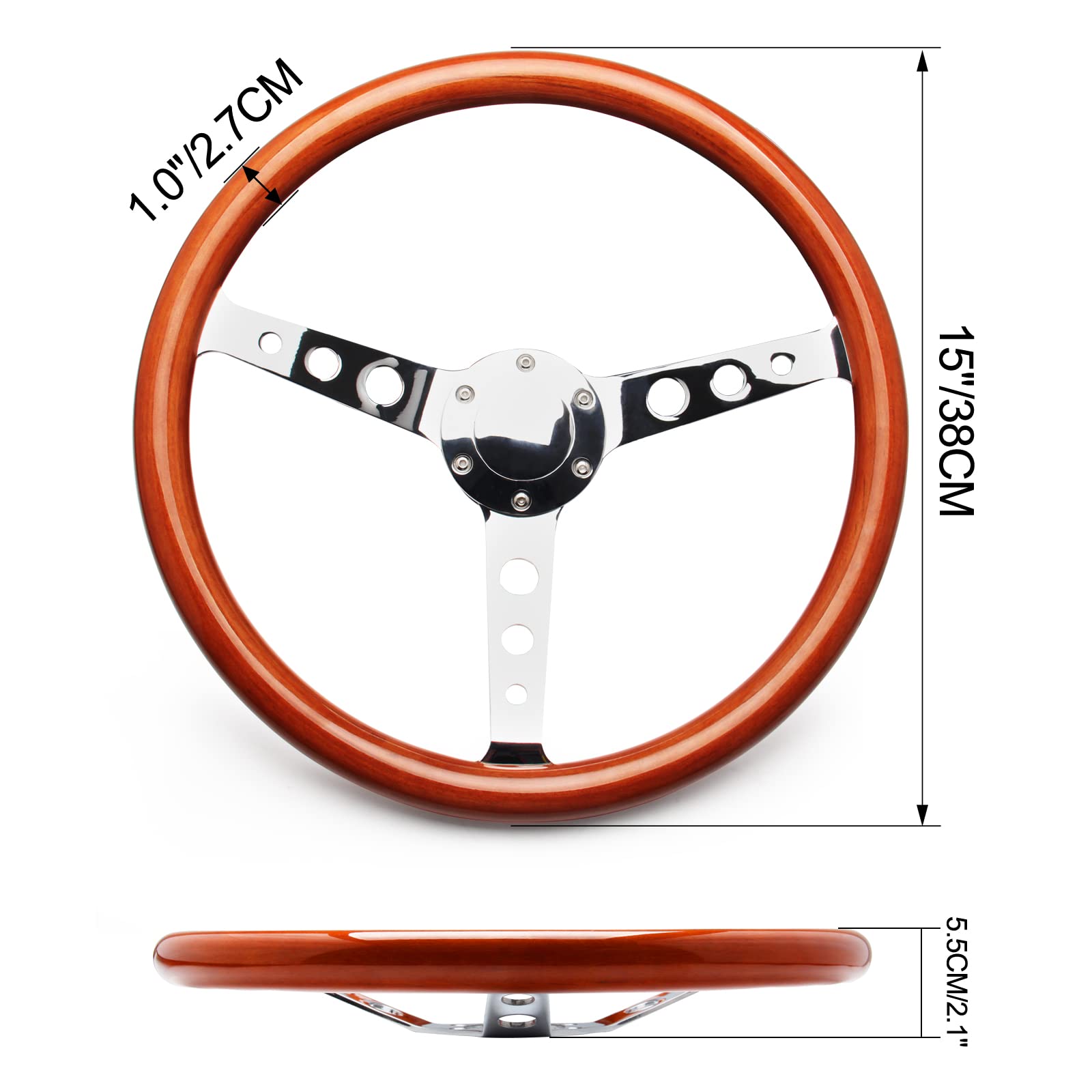 380mm Automotive Wood Grain Steering Wheel with 3 Spokes Car Sport ...