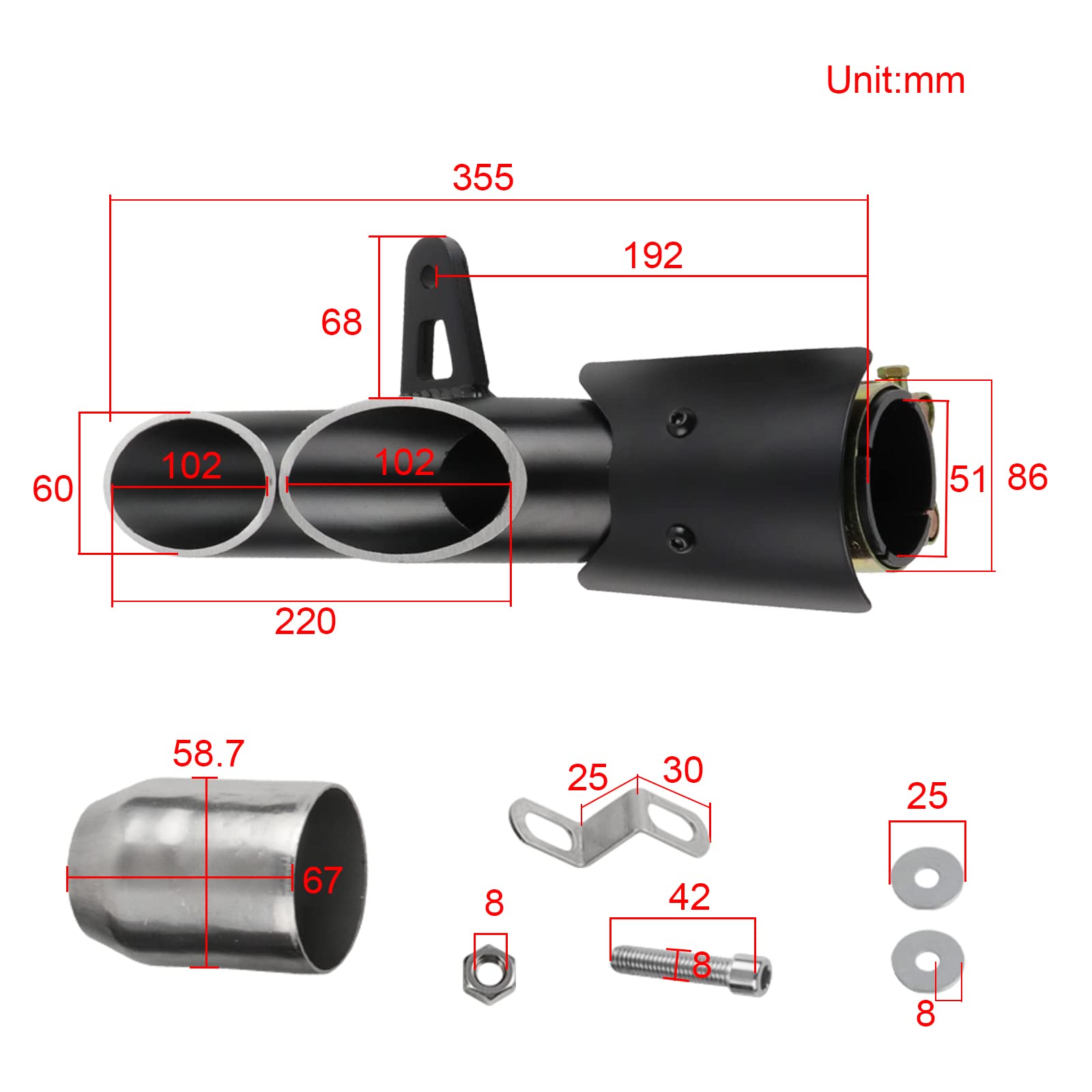 FLYPIG 38-51mm Universal Aluminum Exhaust Muffer Pipe 51mm/2" Dual ...