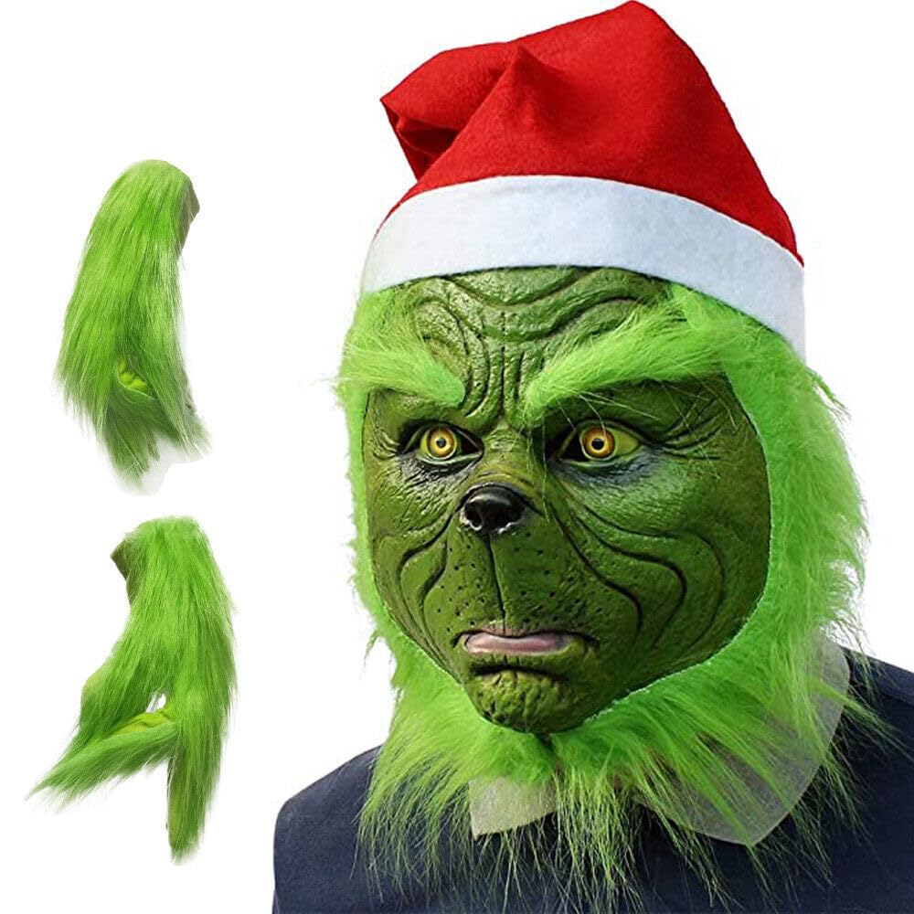 EliteKoopers 1Pcs The Grinch Full Head Latex Mask & Gloves Xmas Hat ...