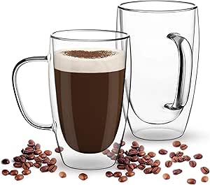 Amazon | 1個 450ml取っ手付ダブルウォール グラス 二重構造 100％鉛フリー 耐熱 カップ タンブラー コーヒーカップ ティーカップ 取っ手付 電子レンジ対応 運送破損の払い戻 ...