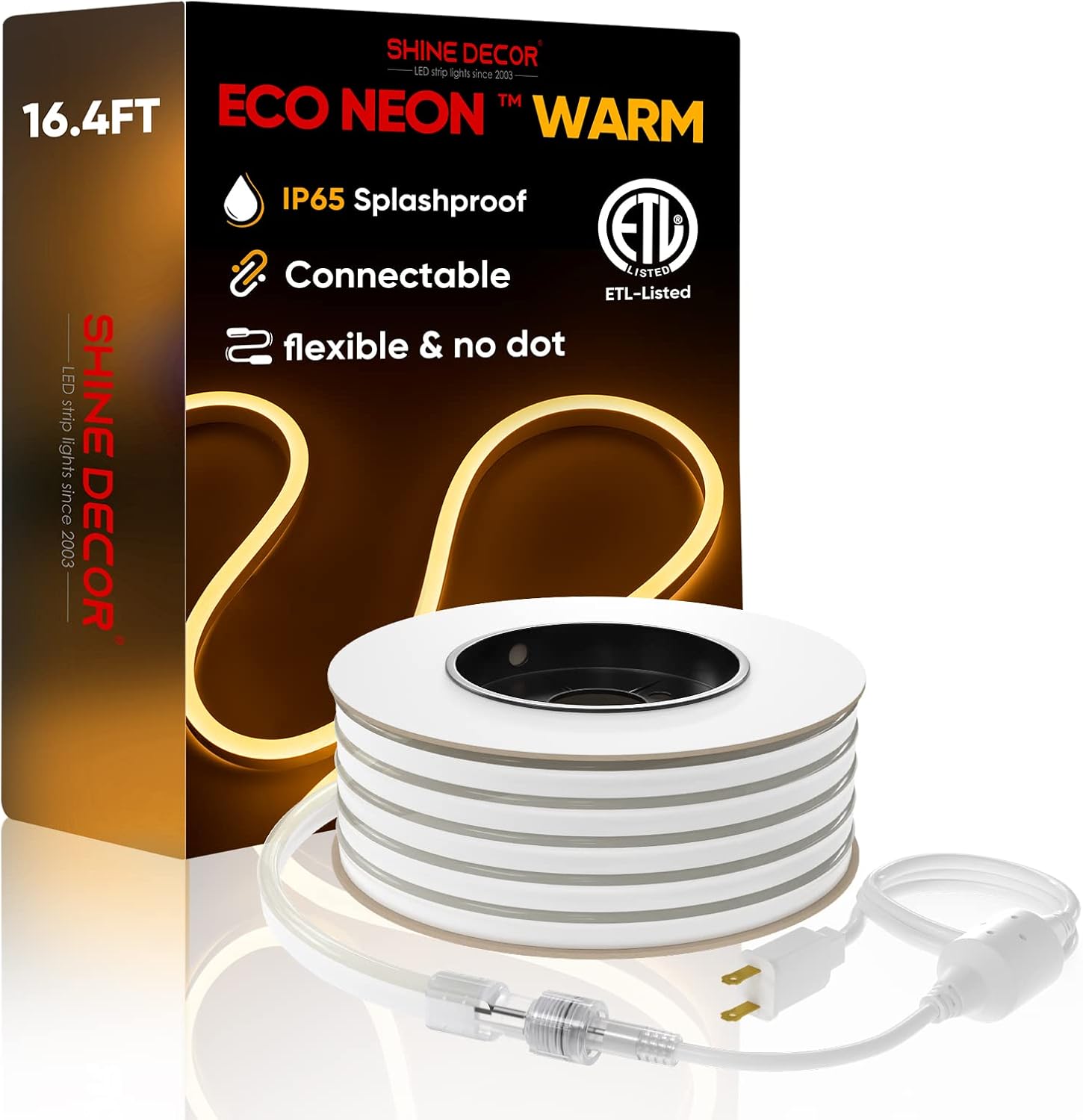 Shine Decor LED Neon Rope Lights Connectable, 16.4FT/5M Warm White ETL ...