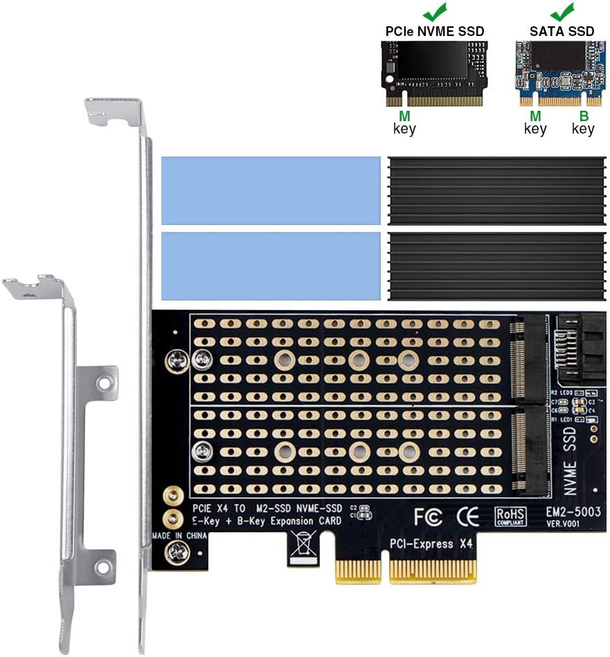 Dual M.2 PCIe-Adapter mit Kühlkörper, 6amLifestyle M2 NGFF-SSD und NVME-SSD zu PCI-e 3.0 x4 ...