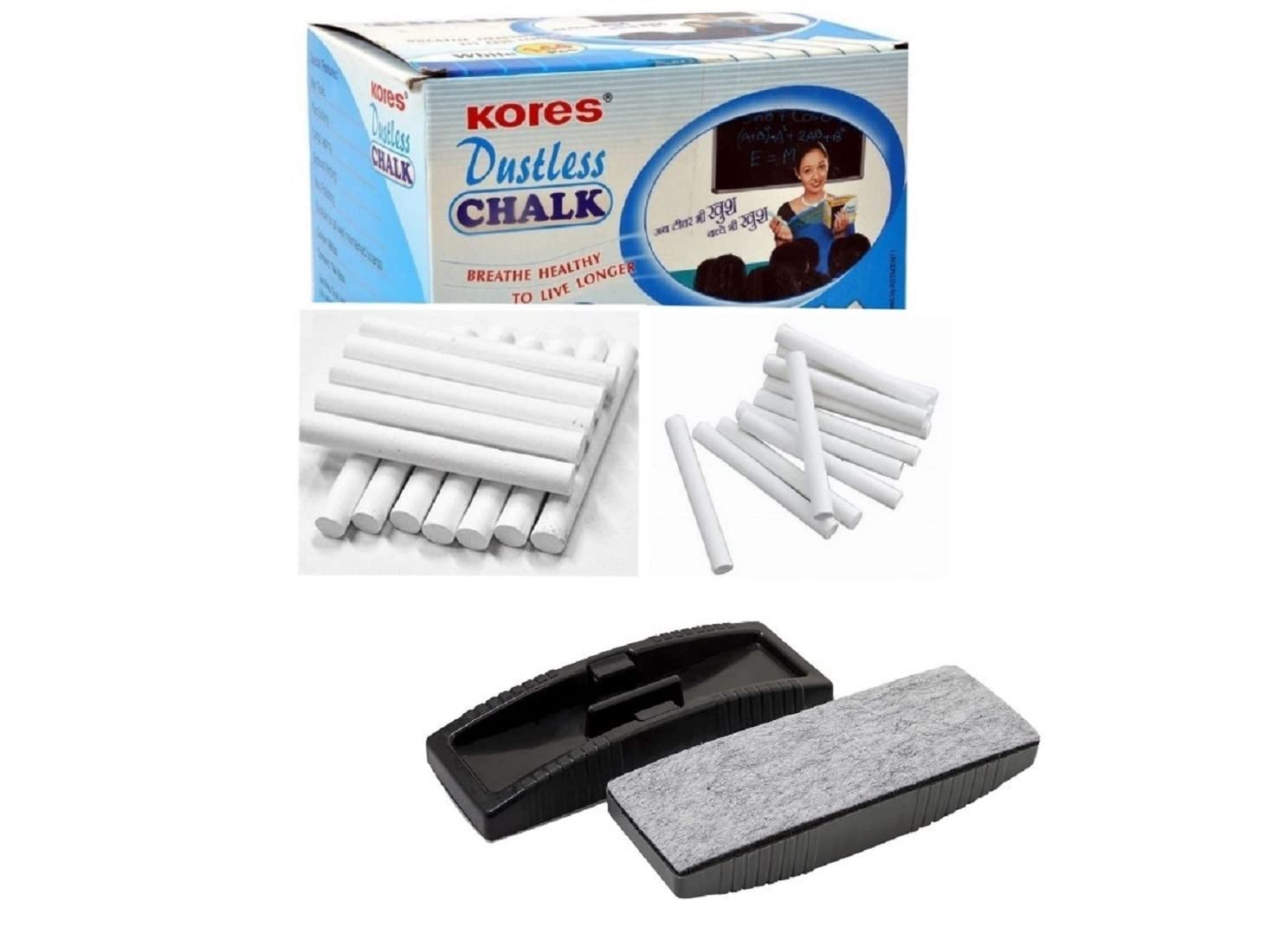 WHITE Dustless Blackboard Chalk with 1 DUSTER, 100 pcs, Non Toxic WHITE ...
