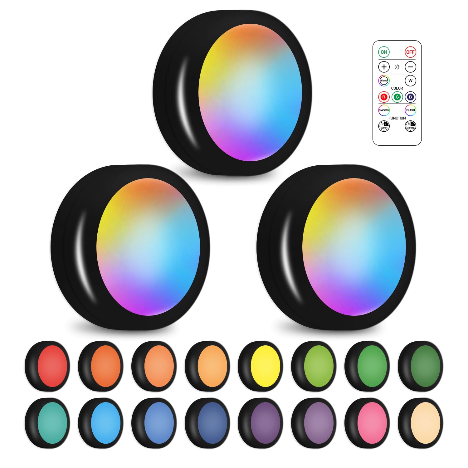 SIXDEFLY Wireless 16 Color Changing LED Puck Light 3 Pack LED Under ...