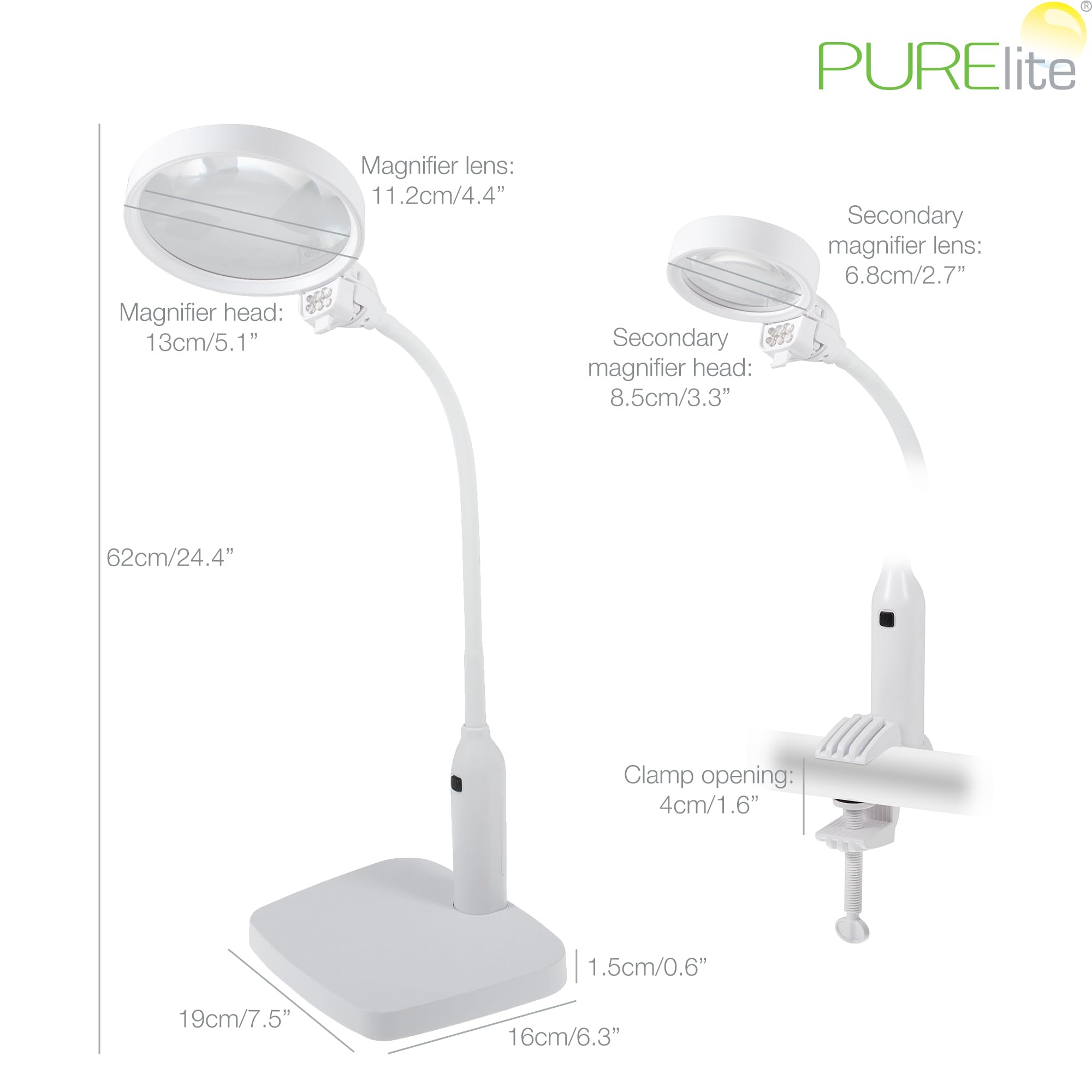 PURElite Multi-Use Magnifying Lamp Table Lamp & Desk Lamp, 2 Magnifiers ...