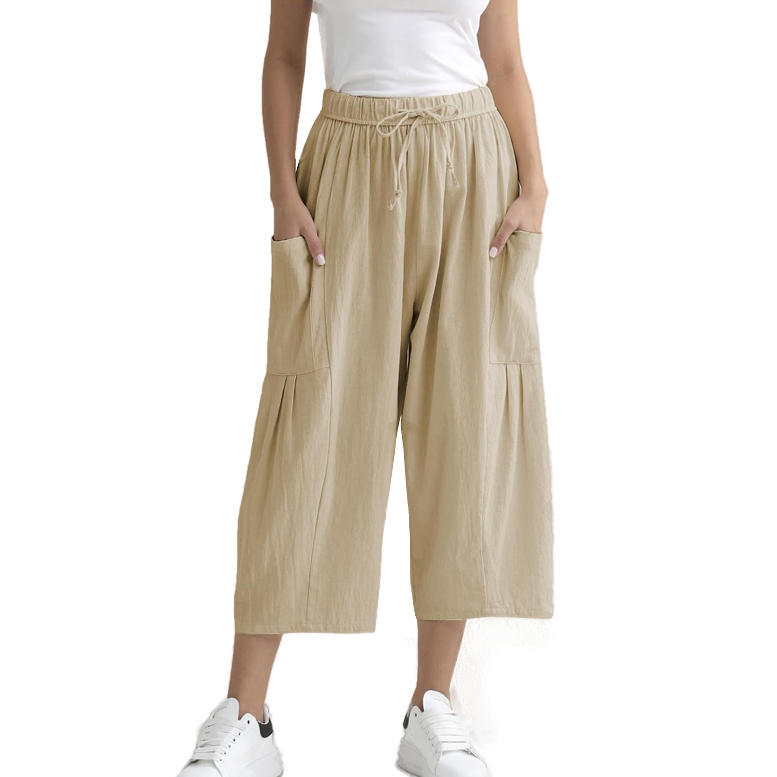 Womens Linen Pants High Waisted Wide Leg Cotton Capris Drawstring ...