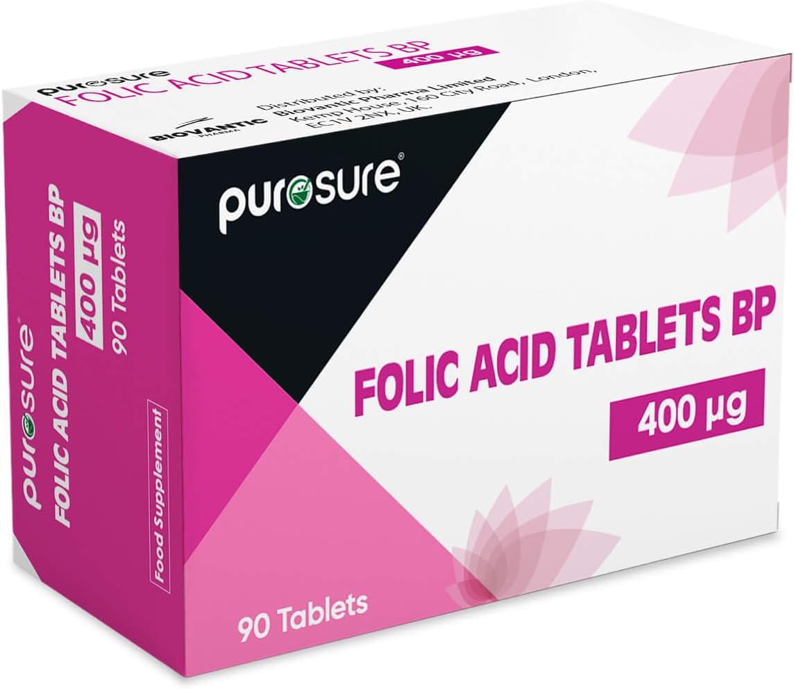PuroSure Folic Acid Tablets 400 mcg – 90 Tablets - Vitamin B9 Tablets ...