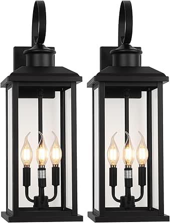 SIAFAVOI 24" Extra Large Outdoor Wall Light Fixture 2-Pack, Black 3-Light Modern Porch Lantern ...