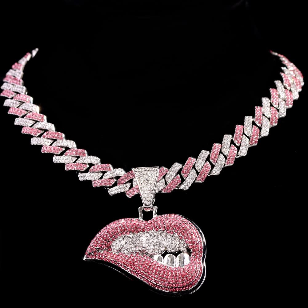 Amazon.com: Hip Hop Pink Bite Lip Shape Pendant Necklace for Women with ...