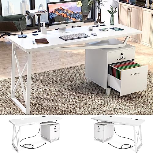 Amazon.com: Homieasy Computer Desk with File Cabinet & Charging Station ...