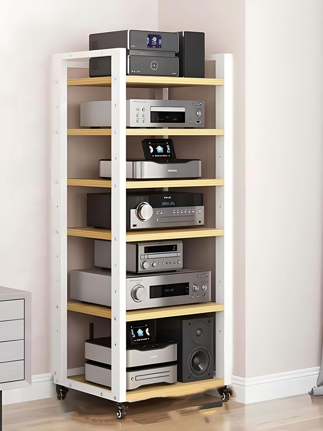 Modern HiFi Audio Equipment Rack Cabinet on Wheels 6 Tier Heavy Duty ...