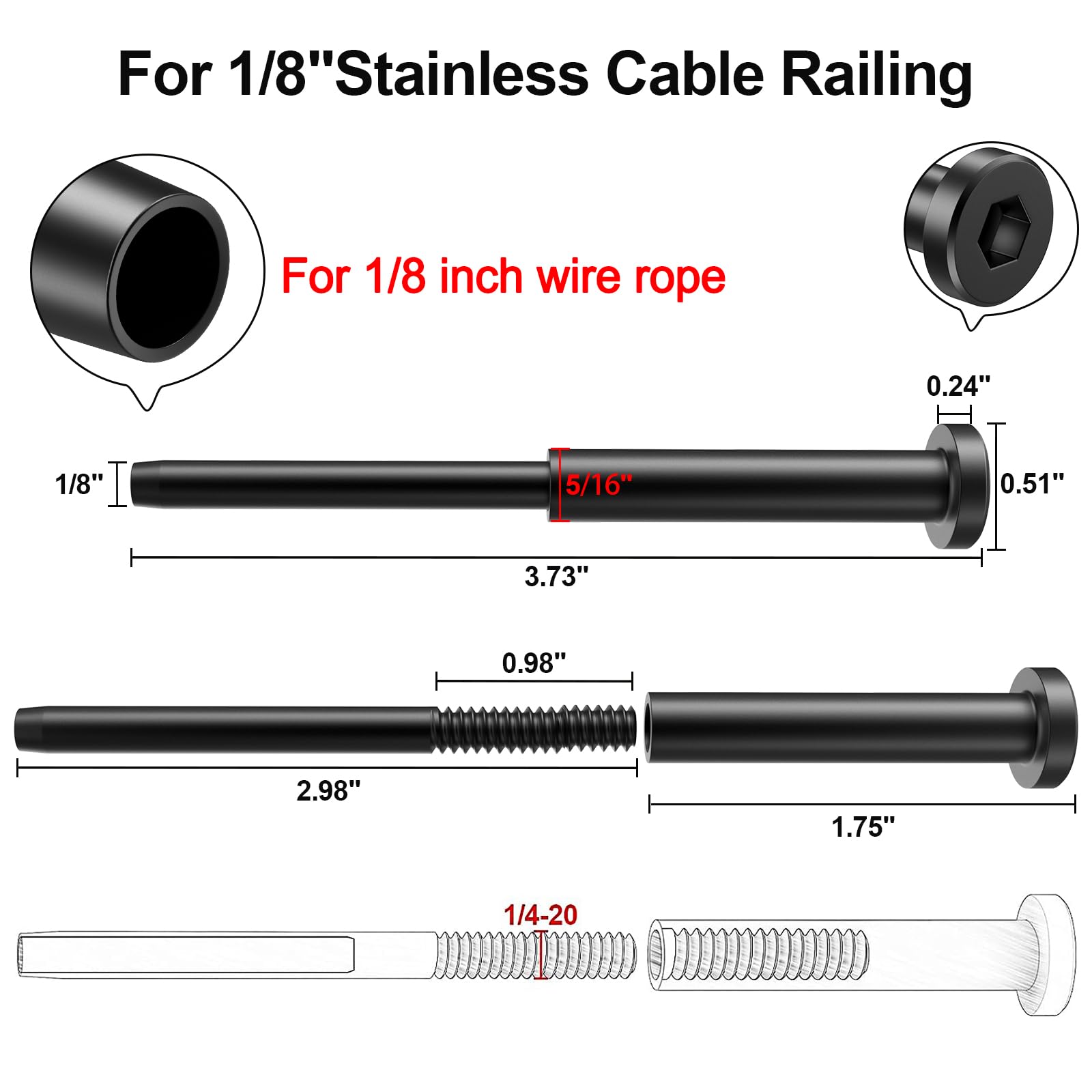 Snapklik.com : 20 Pack 4x4 Black Invisible Cable Railing Kits, 1/8 ...
