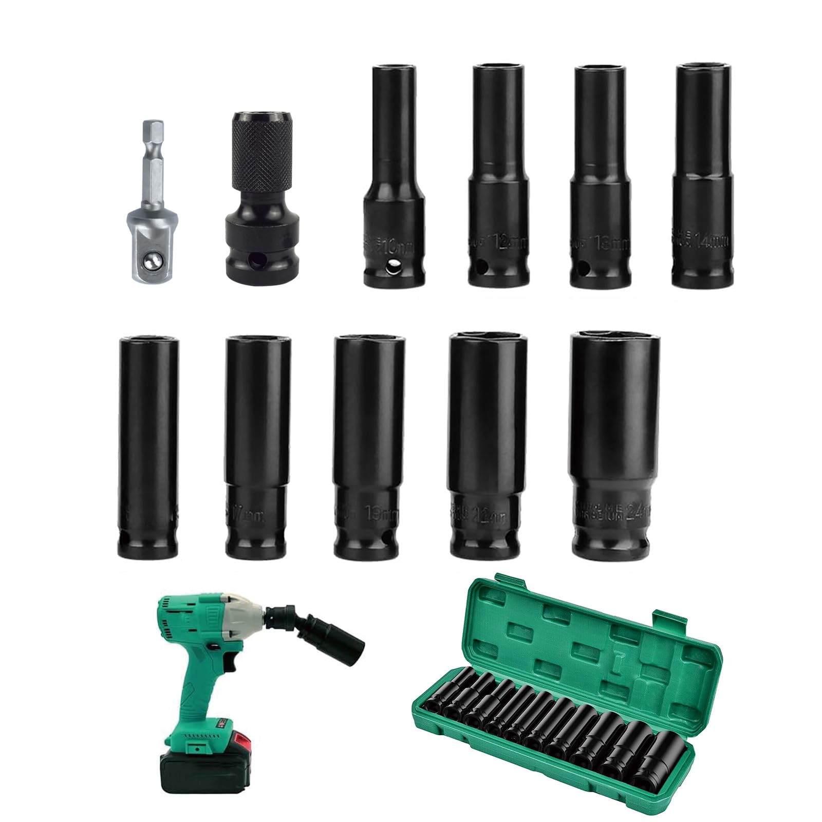 11 Pcs Deep Impact Socket Set with Driver Socket Extension and Plastic ...