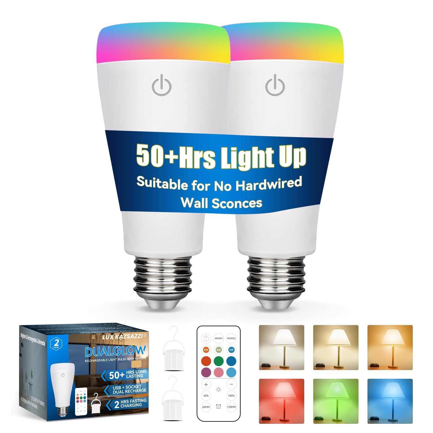 DualGlow Battery Operated Light Bulb, USB+Socket Rechargeable Light ...