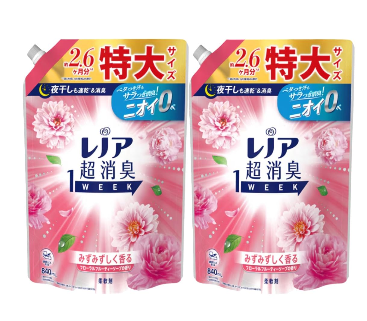 Amazon | レノア 超消臭 1week みずみずしく香るフローラルフルーティーソープの香り 詰め替え用 特大サイズ 840mL×2袋 柔軟剤 まとめ買い | ノーブランド品 | 液体柔軟剤