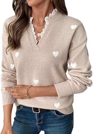 Cute Heart Print Sweater for Women - Valentine's Day V-Neck Sweater ...