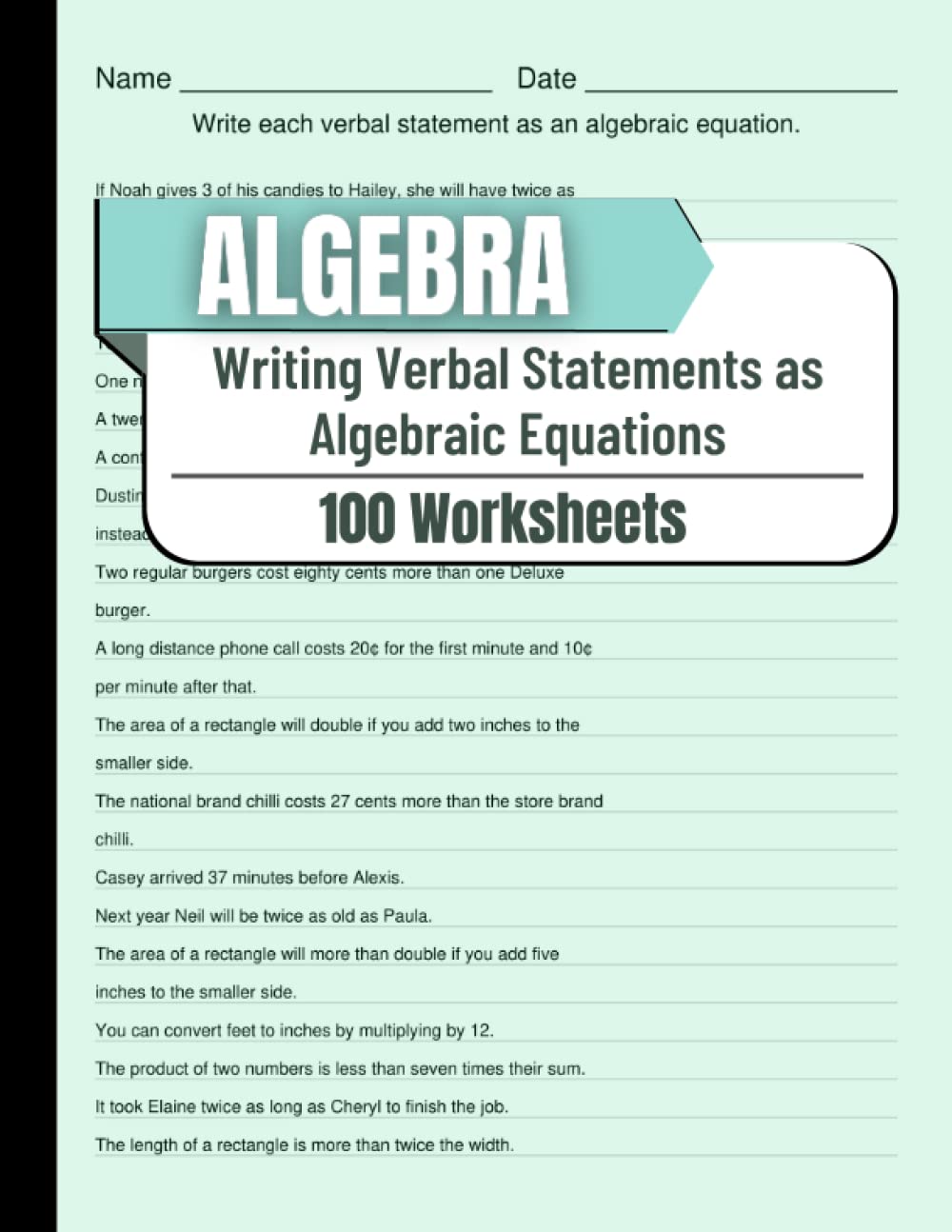 Algebraic Equations Worksheets Algebra Writing Verbal Statements As