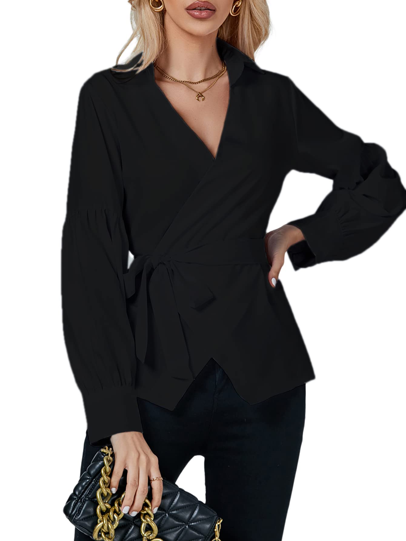 S - LYANER Women's Wrap V Neck Tie Waist Solid Lantern Long Sleeve ...