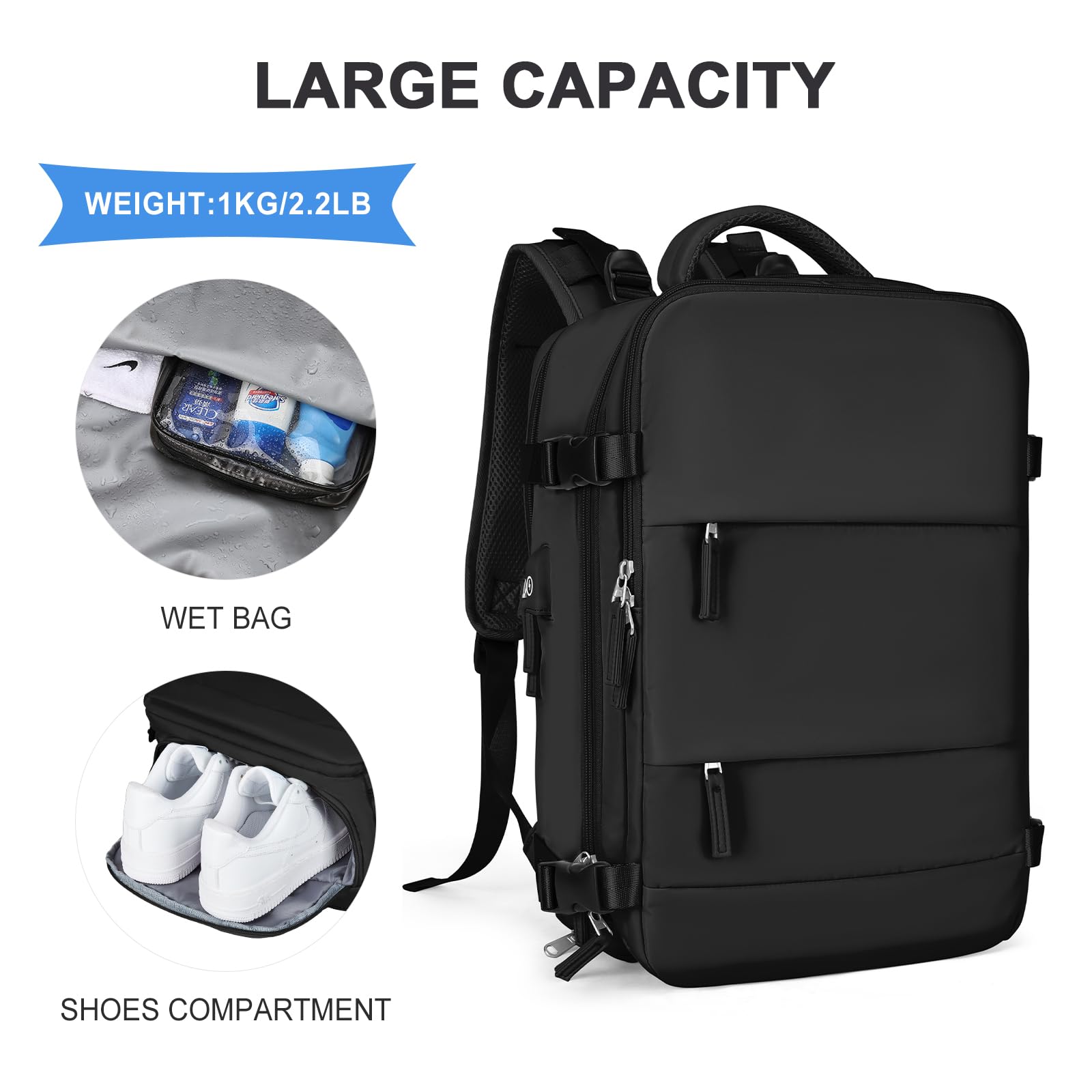 coowoz Large Travel Backpack For Women Men,Carry On Backpack,Black ...