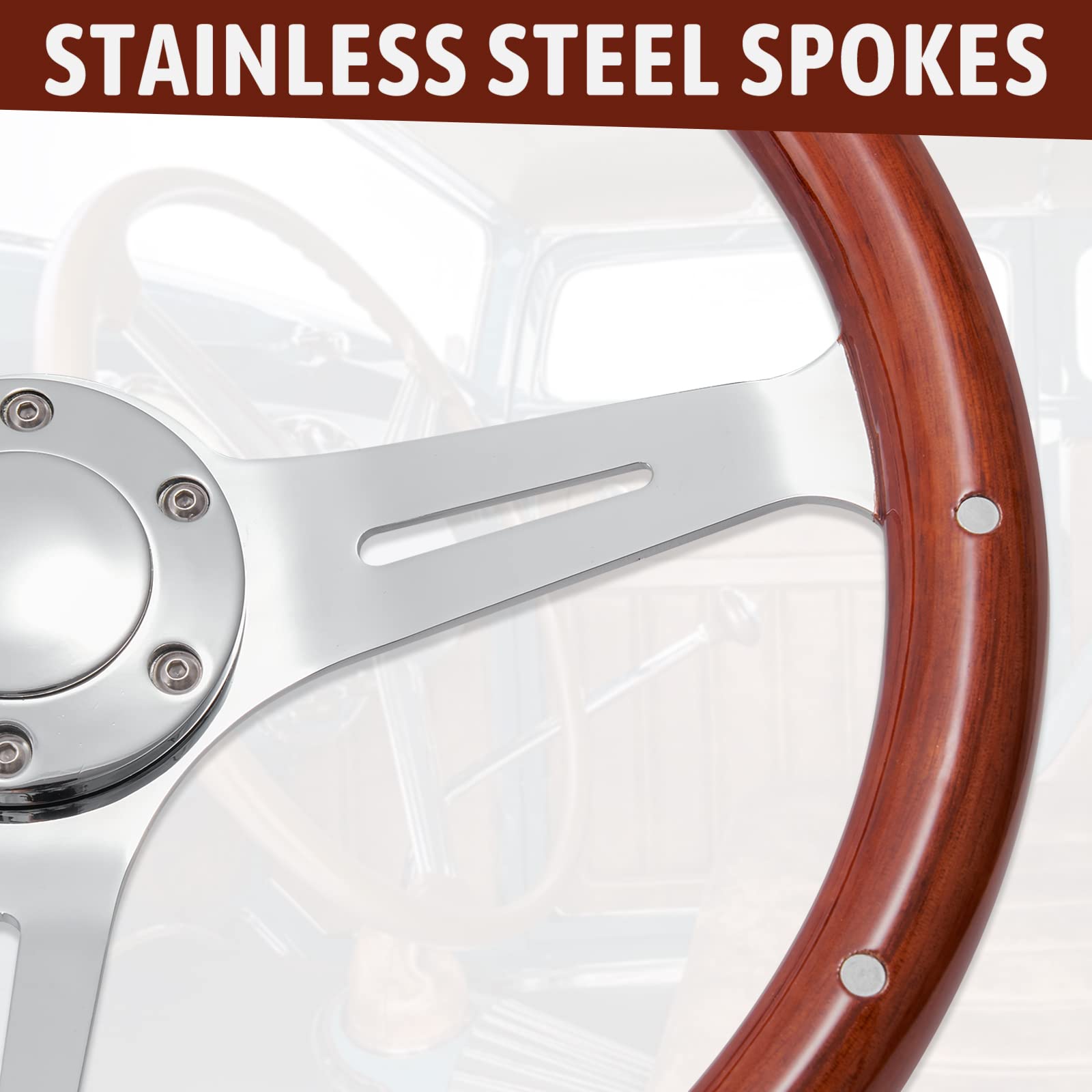 Snapklik.com : TEMSONE 15" Wood Steering Wheel Grain Billet Polished 3 ...