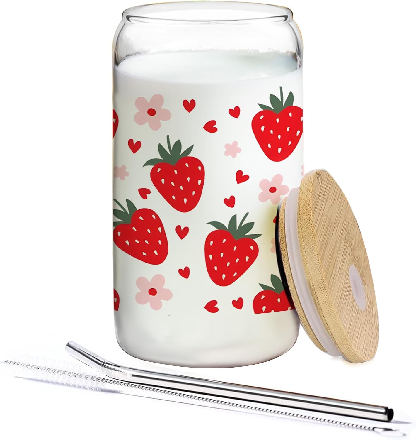 Amazon.com: BEHIFL Strawberry Glass Cup with Lids and Straws 14oz ...