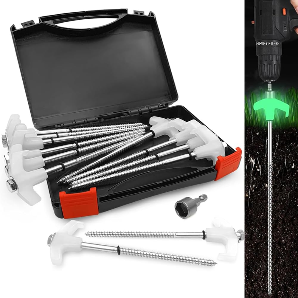12 Pcs Screw in Tent Stakes 8-Inch Glow in The Dark Heavy Duty Metal ...