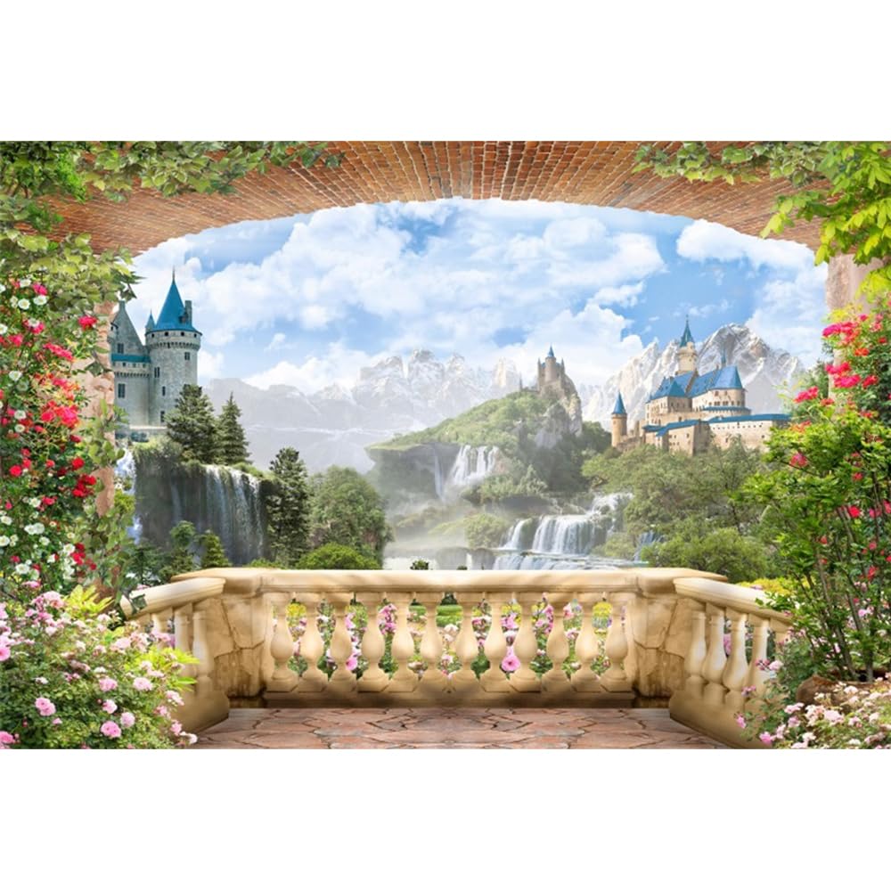 Amazon.com : DORCEV 10x8ft Retro Garden Terrace Backdrop Blue Sky White ...